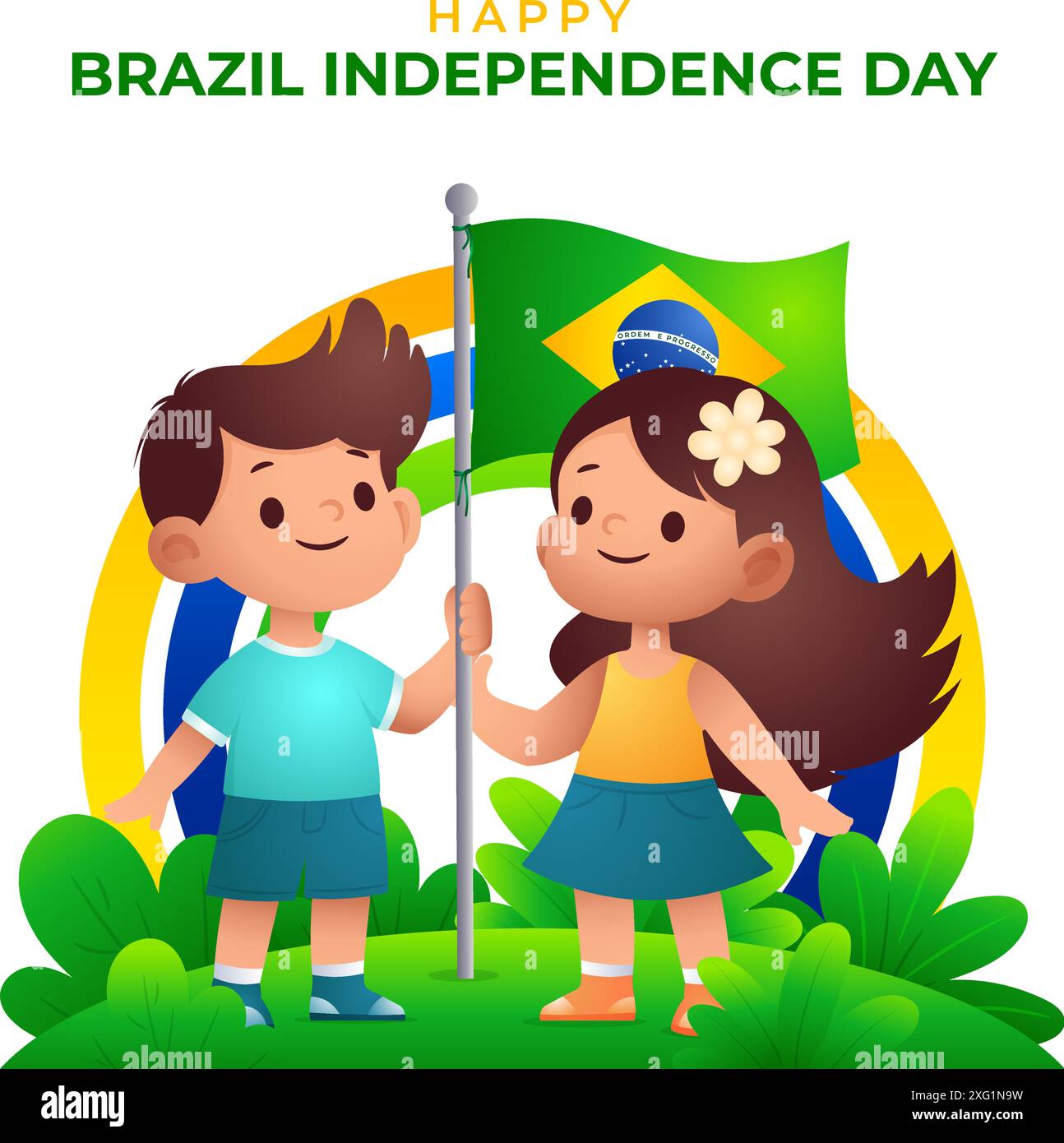 Brazilian Independence day cartoon sign, two kids with waving flag in ...