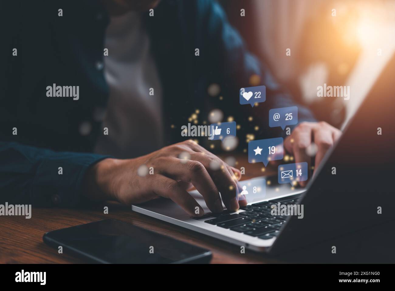 Man using laptop with social media notifications internet online and ...