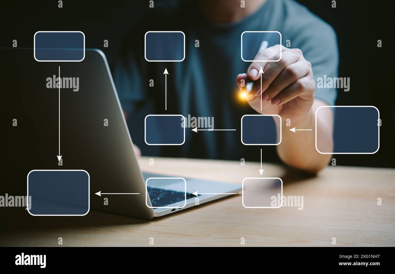 Hand drawing flowchart on laptop screen, indicating workflow, process ...