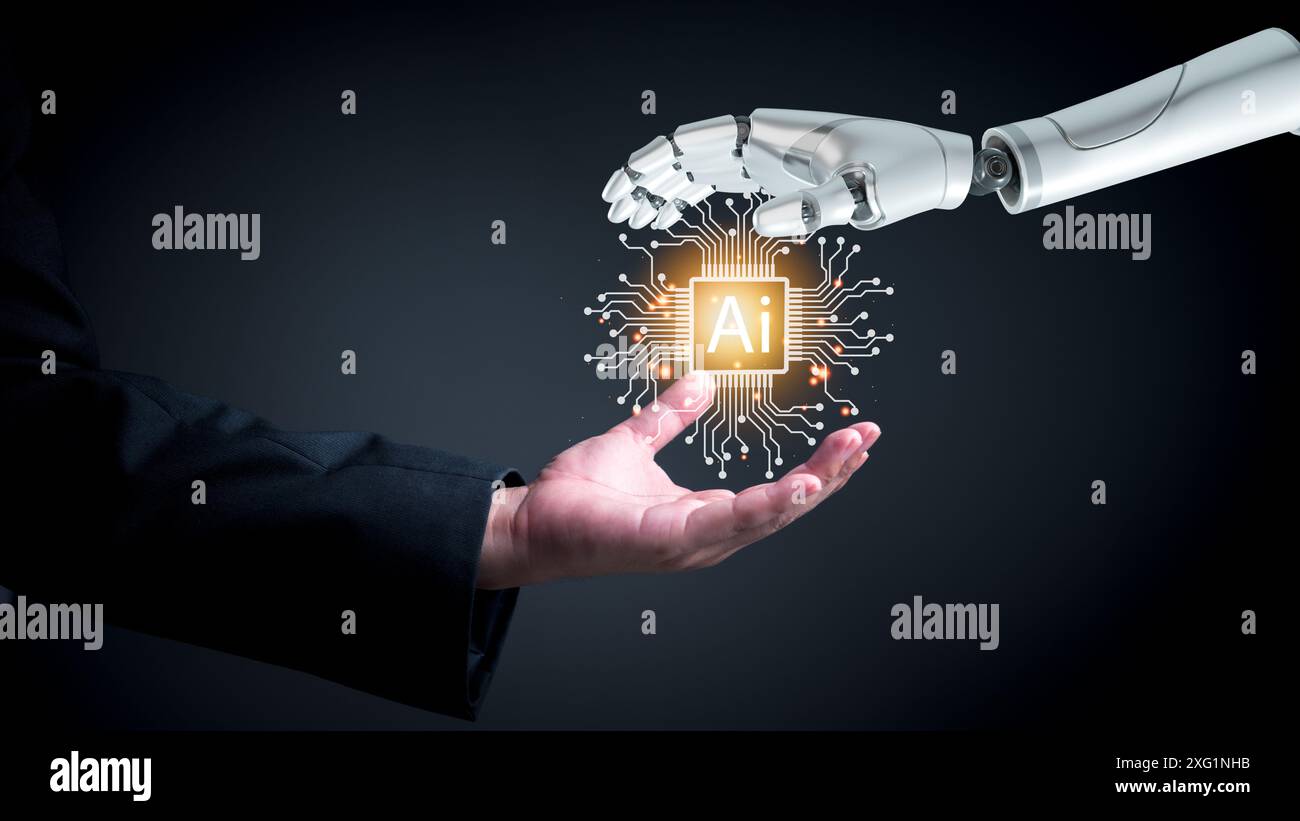 Human hand and robotic hand collaborating with glowing AI chip ...