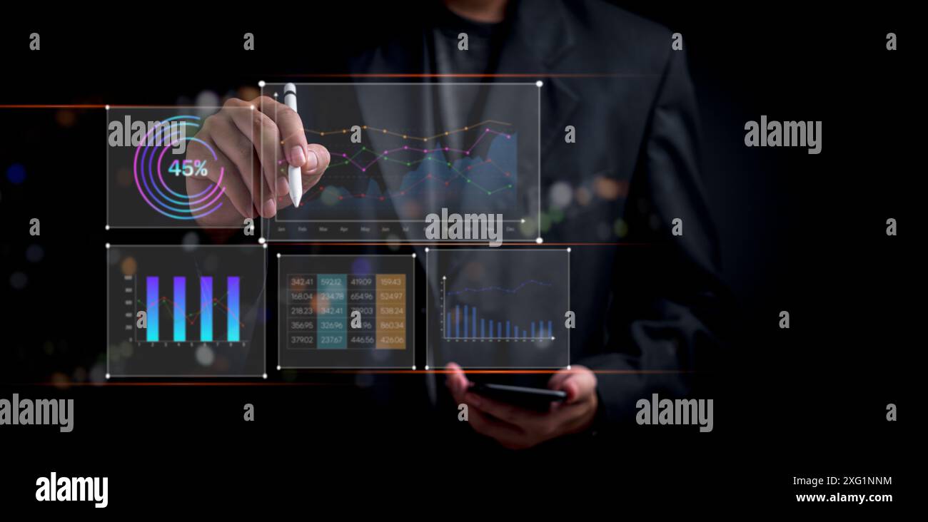 Businessman using a futuristic interface with various data charts and graphs, highlighting ...