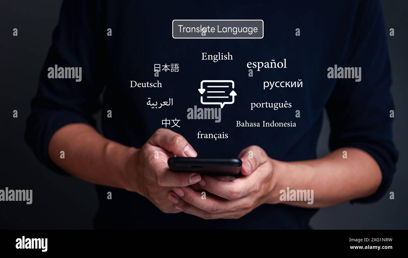 Hands holding smartphone with multilingual text icons. Translation ...