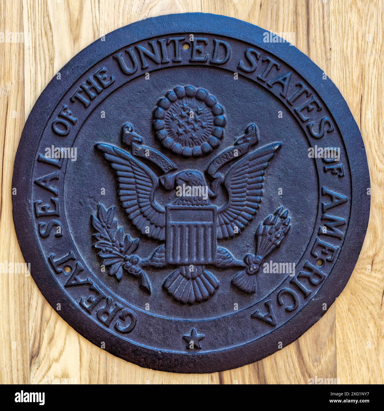 An iron replica of the Great Seal of the United States of America on a ...