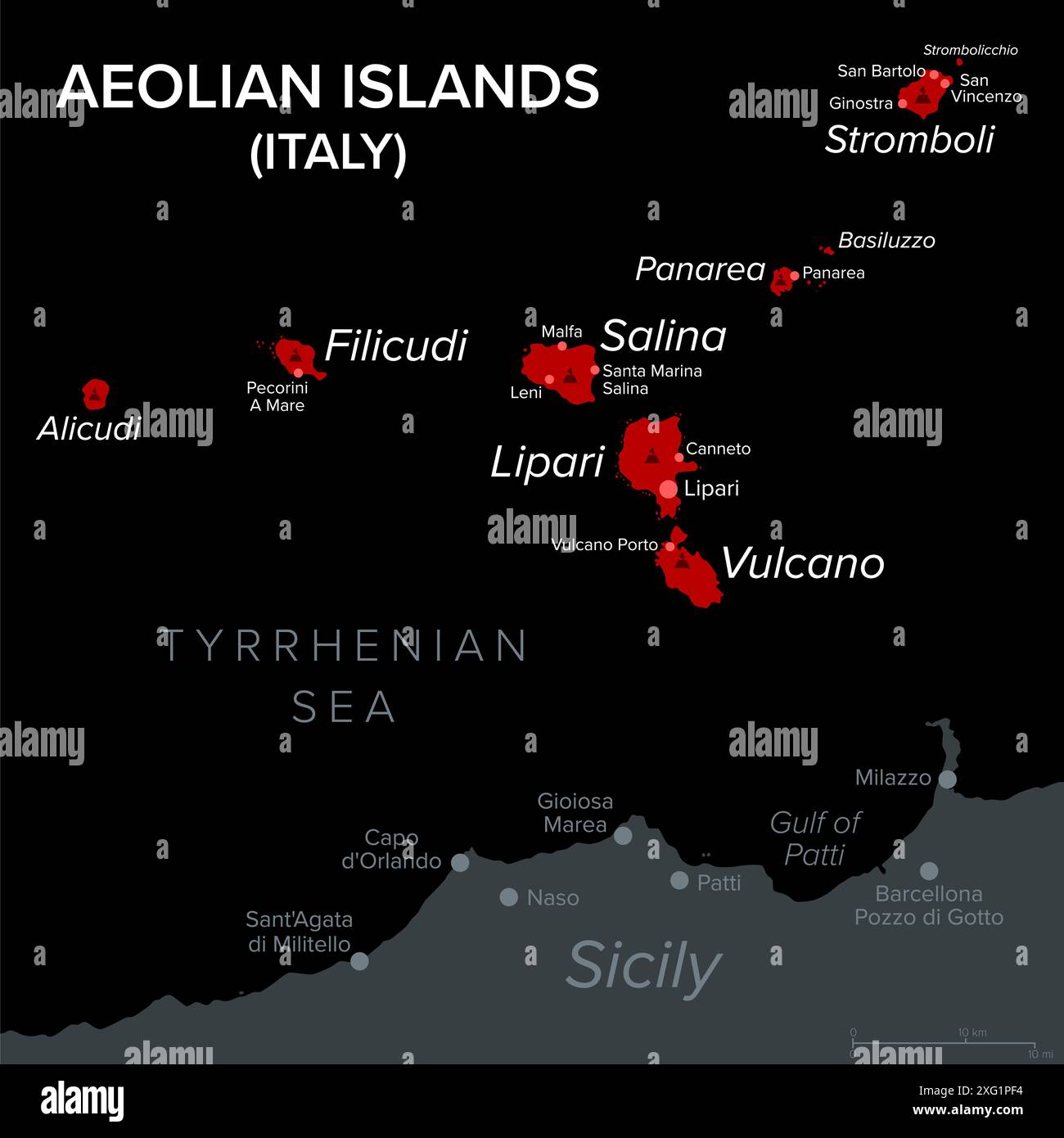 Aeolian Islands in Italy, dark political map. Volcanic archipelago in ...