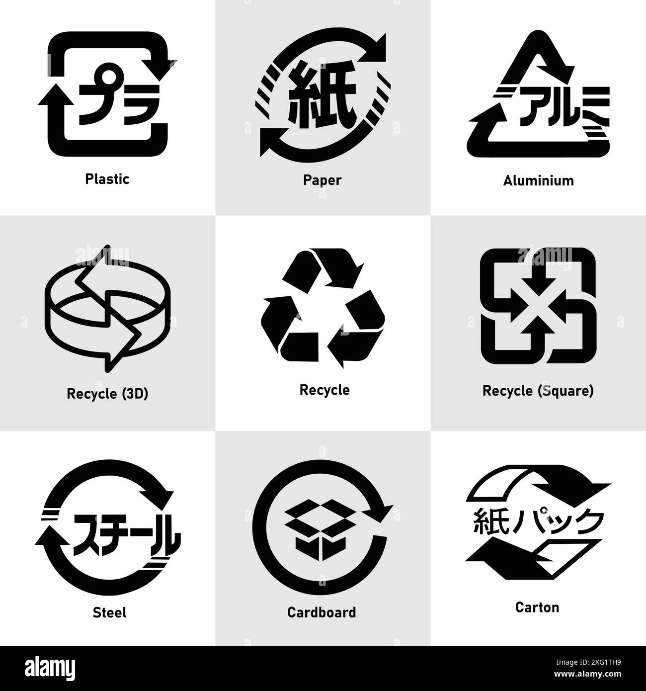 Japanese recycle icon set- Plastic, Paper, Aluminium, Recycle (3D ...