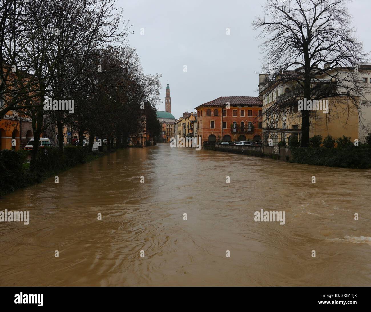 River overflowing with muddy water during a disastrous flood in the ...