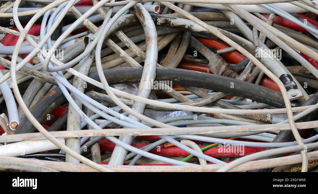 tangle of old waste electrical cables and now destined for recycling to ...