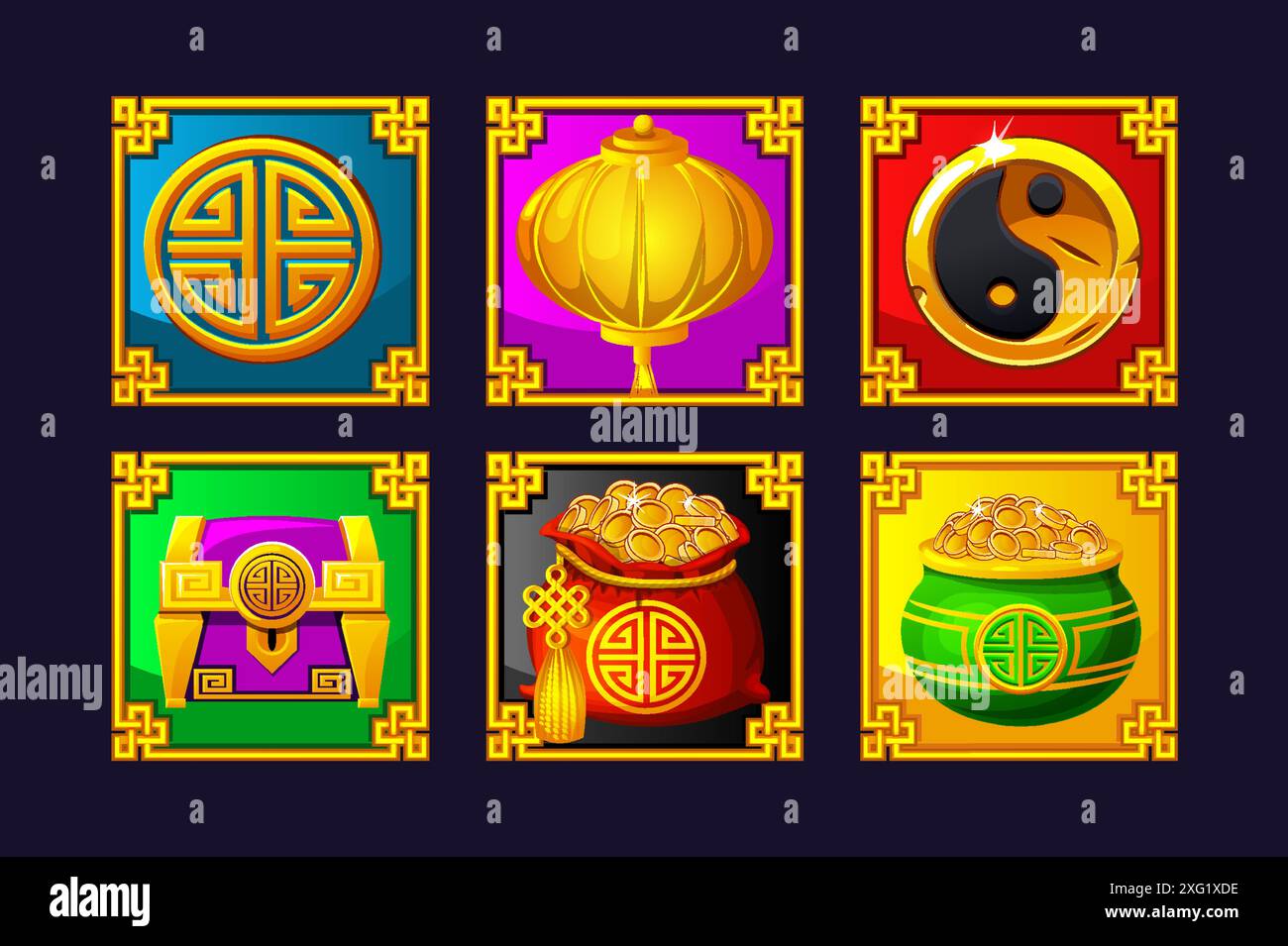 Set of Chinese icons in golden ornament frame. Chinese bag with coins ...