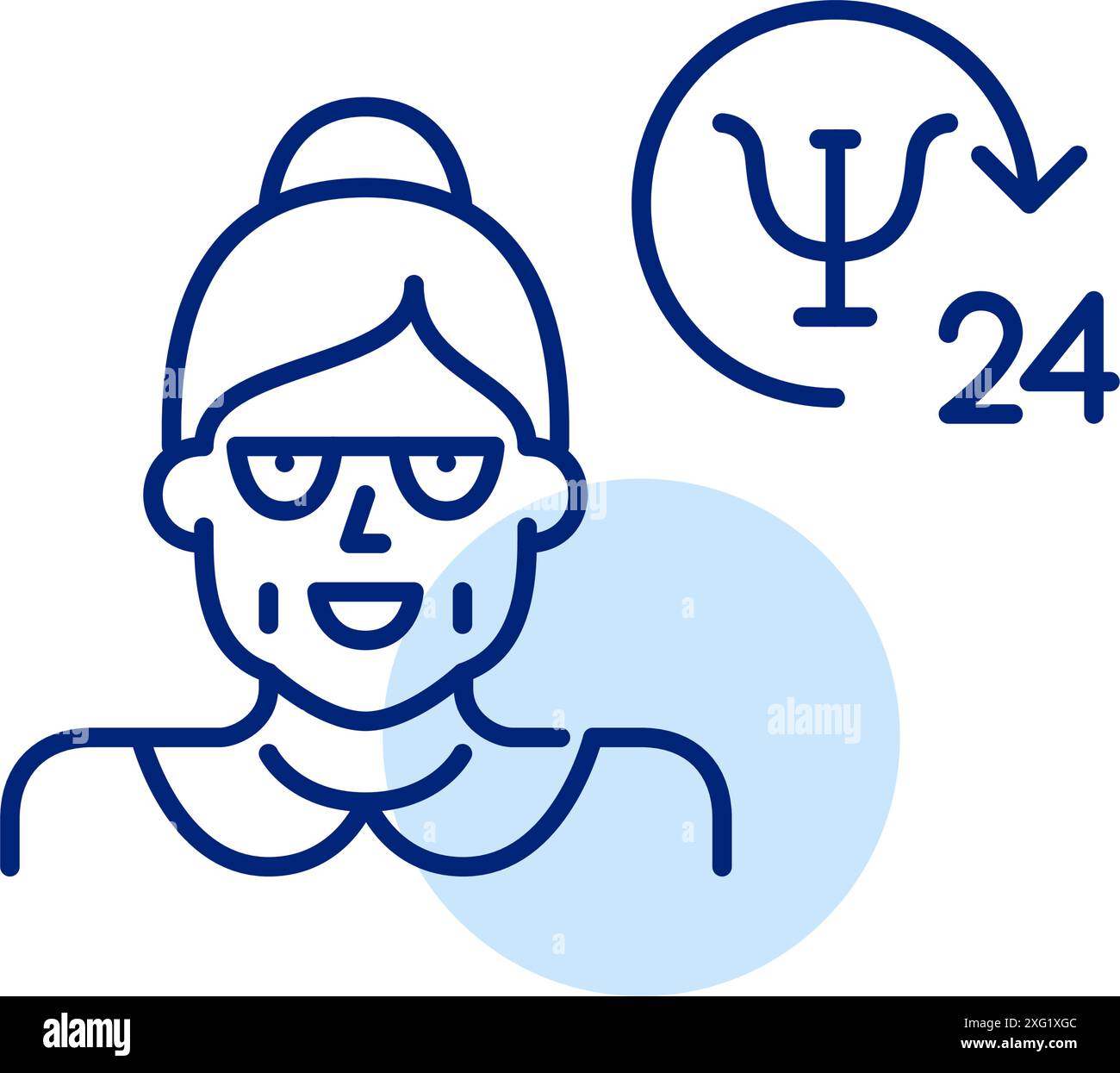 Older woman and 24 hour psychotherapy symbol. Senior mental health and ...