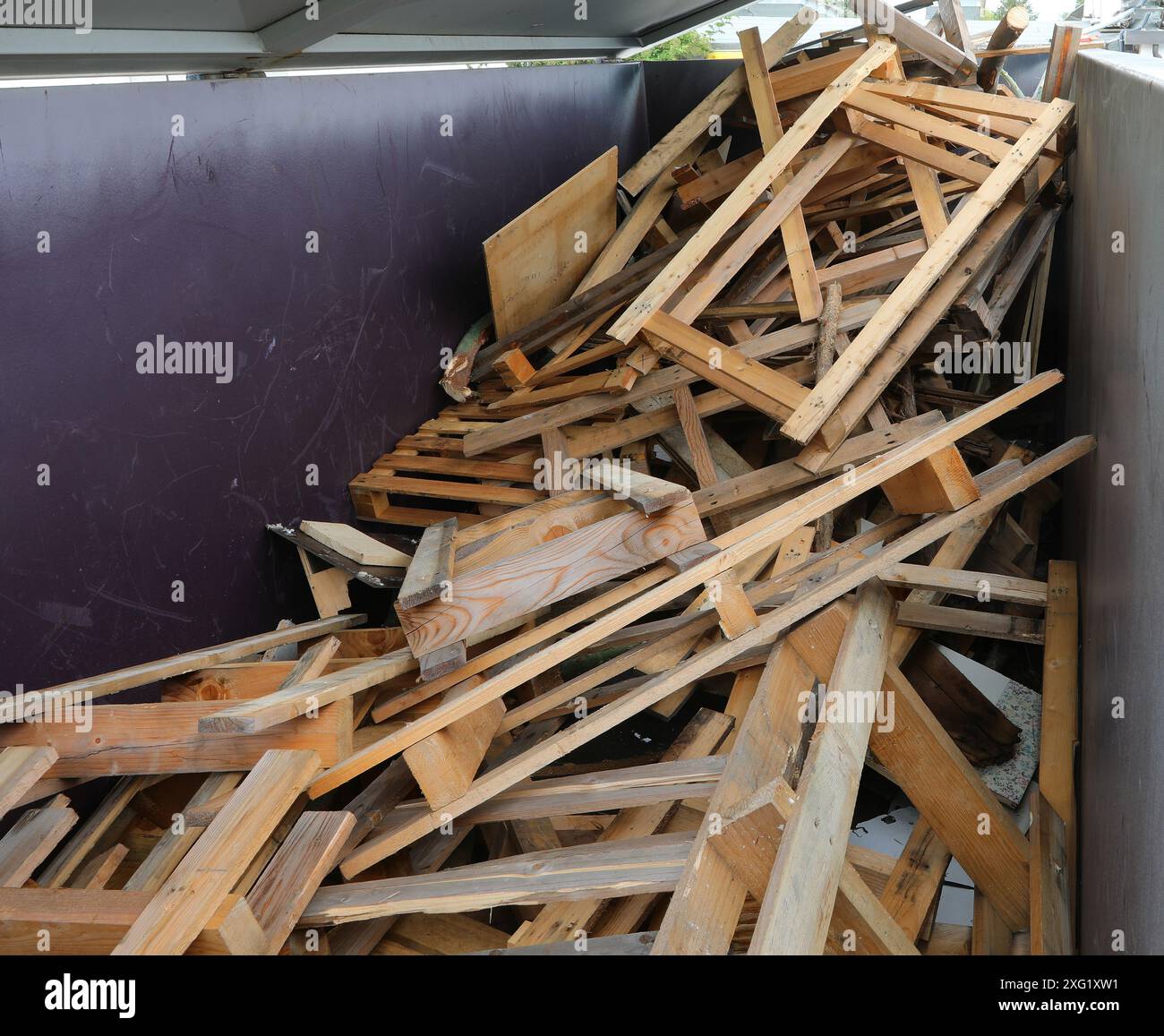 Used wooden pieces planks and broken pallets in the wood recycling ...