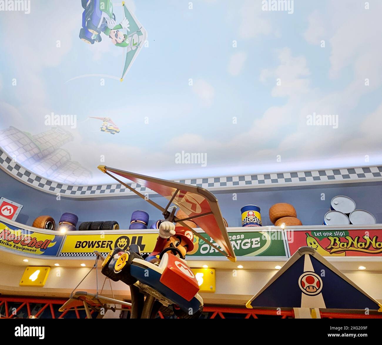 Osaka, Japan - Dec. 11, 2023: Mario in Mario Kart at the souvenir shop ...