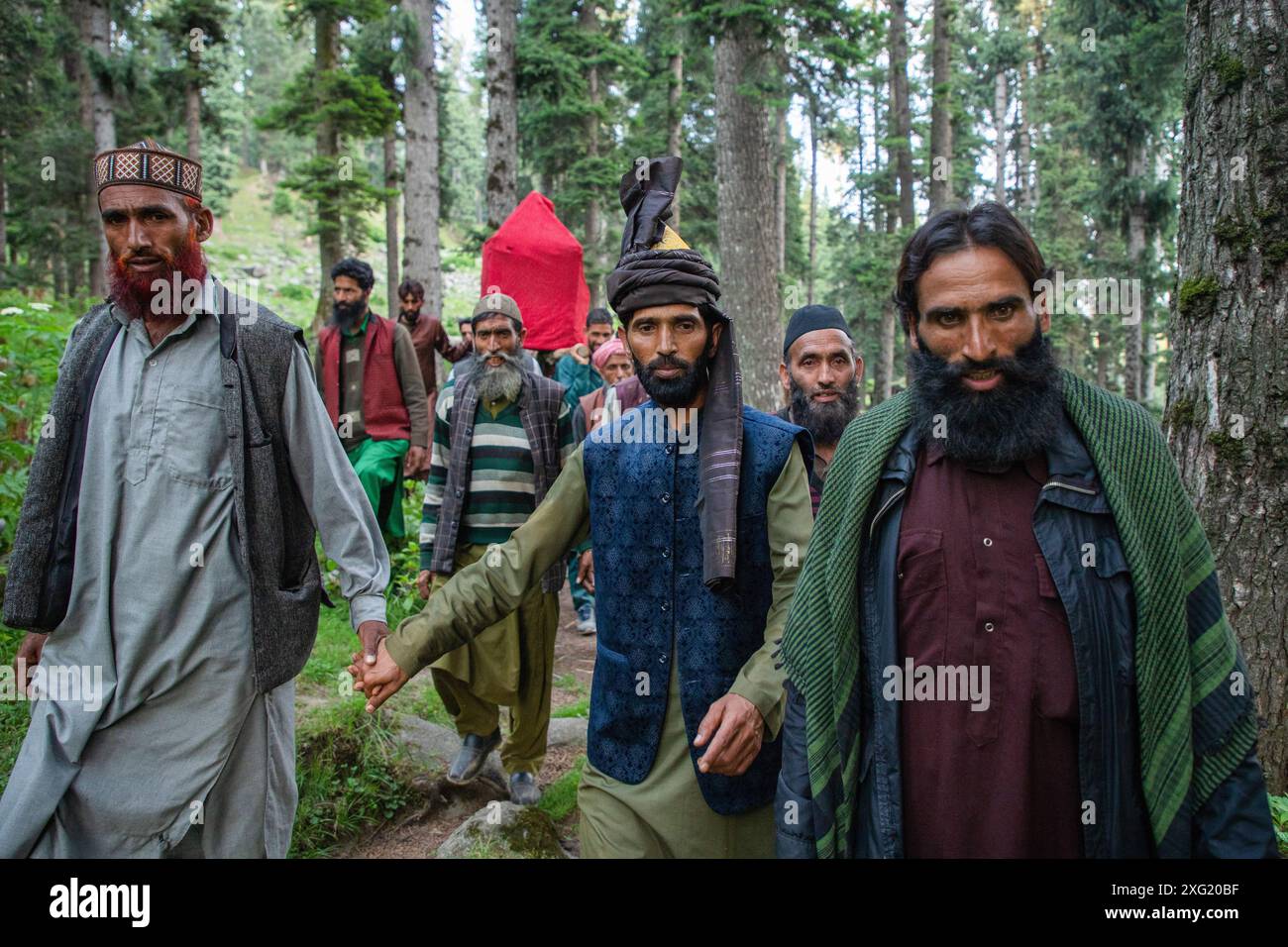 Gujjar (nomad) men carry a bride in the traditional palanquin as they walk towards the groom's ...