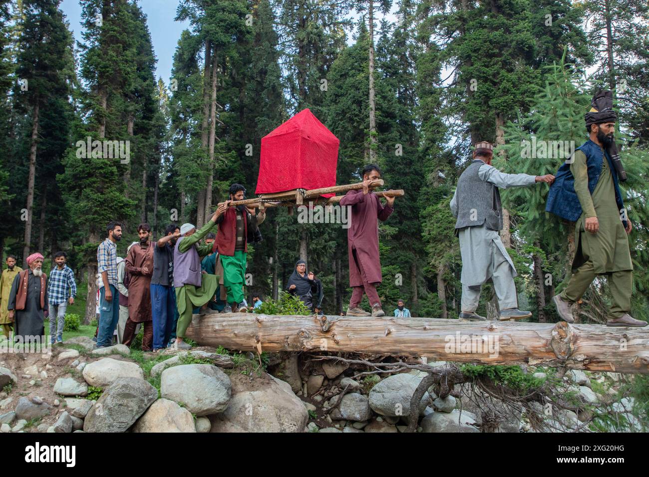 Gujjar (nomad) men carry a bride in the traditional palanquin as they walk towards the groom's ...