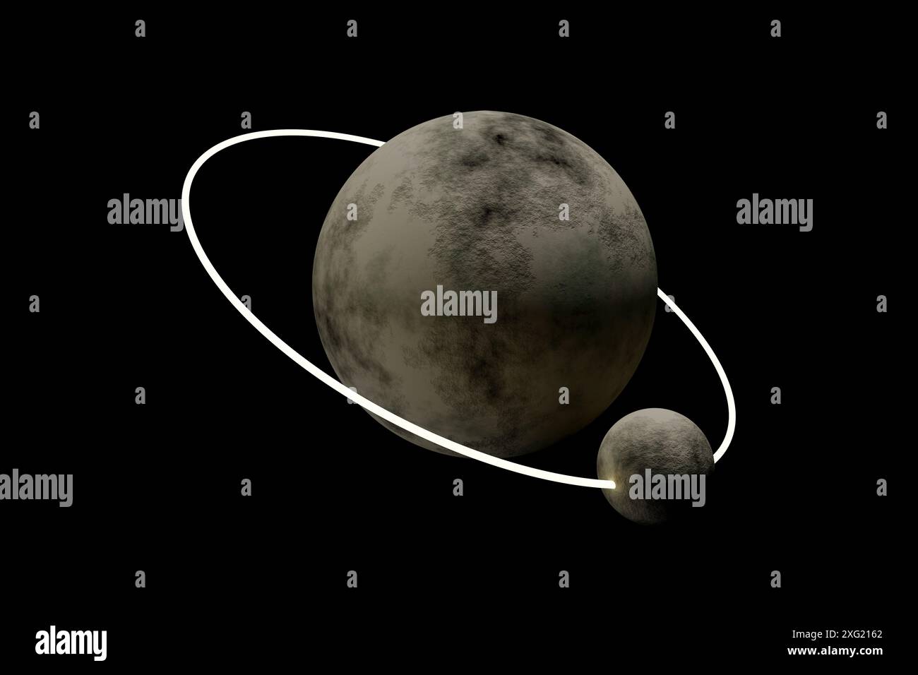 3d render abstract stone planet with glowing circle and satellite in ...