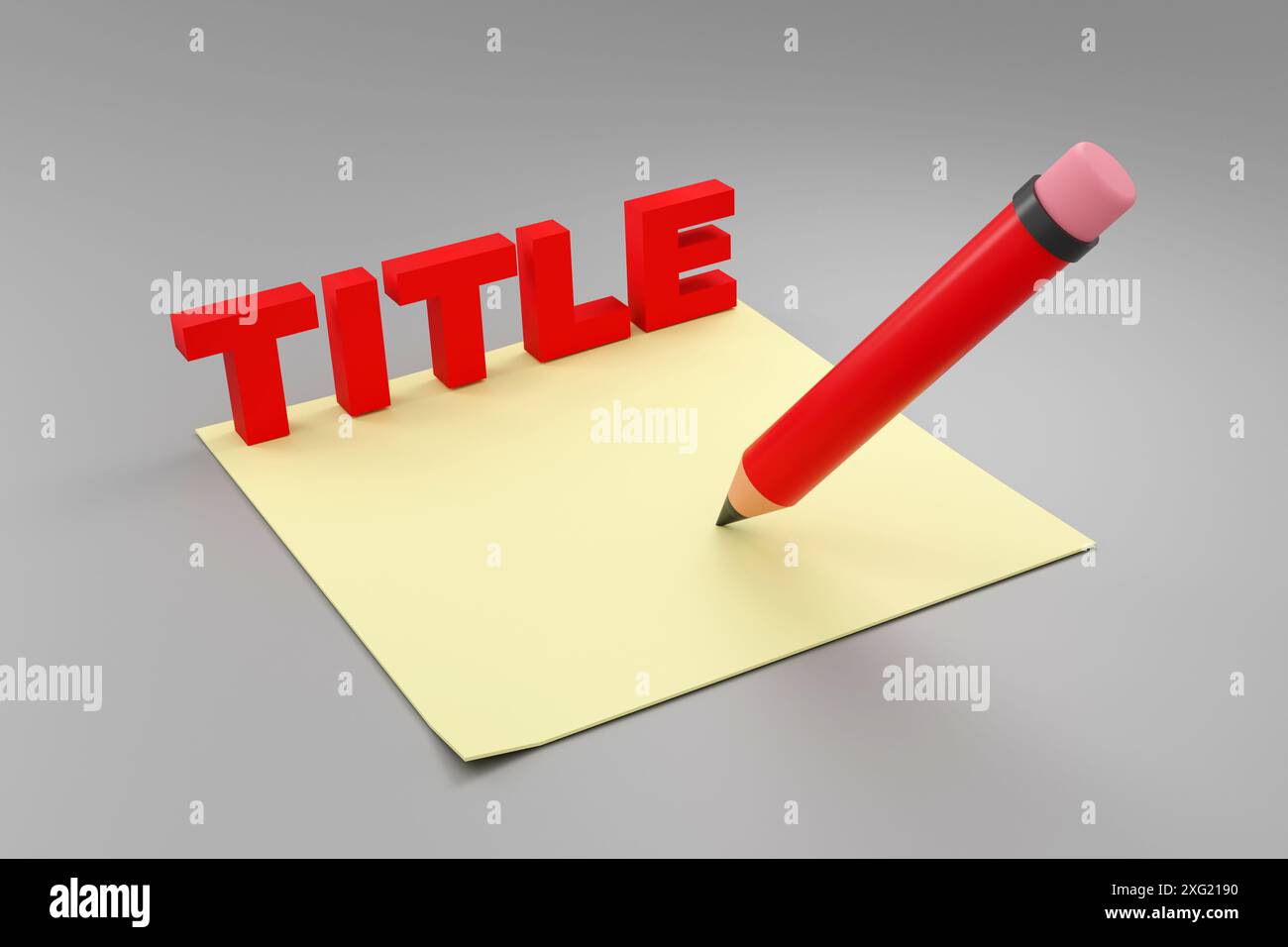 Luxury red sign title on grey podium with blank yellow sticky notepad ...
