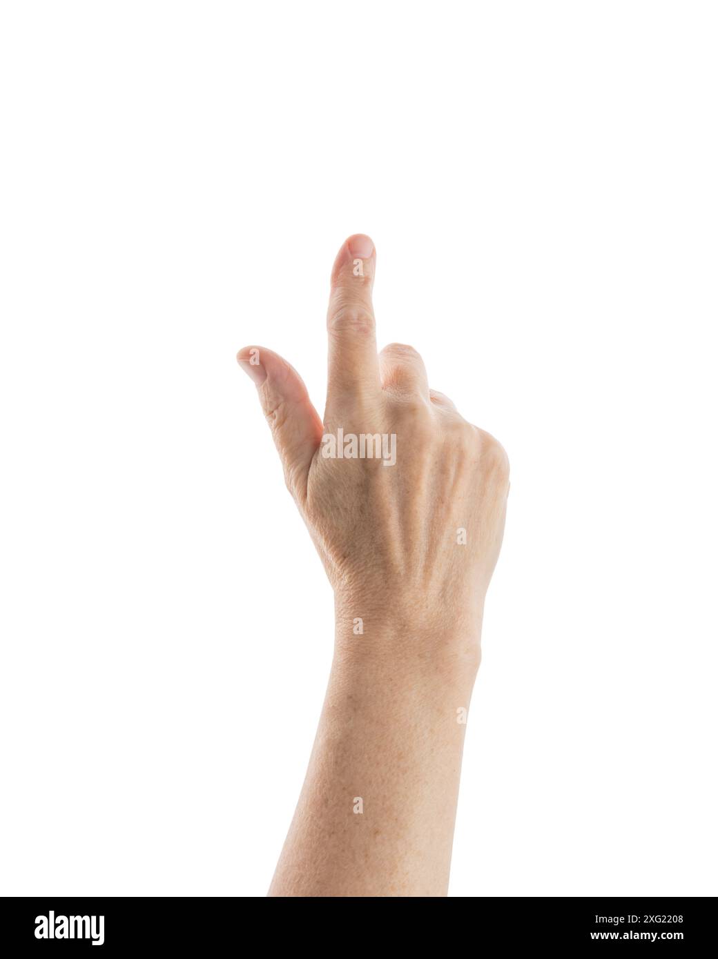 Mid aged woman hand touch screen gesture isolated on white background ...