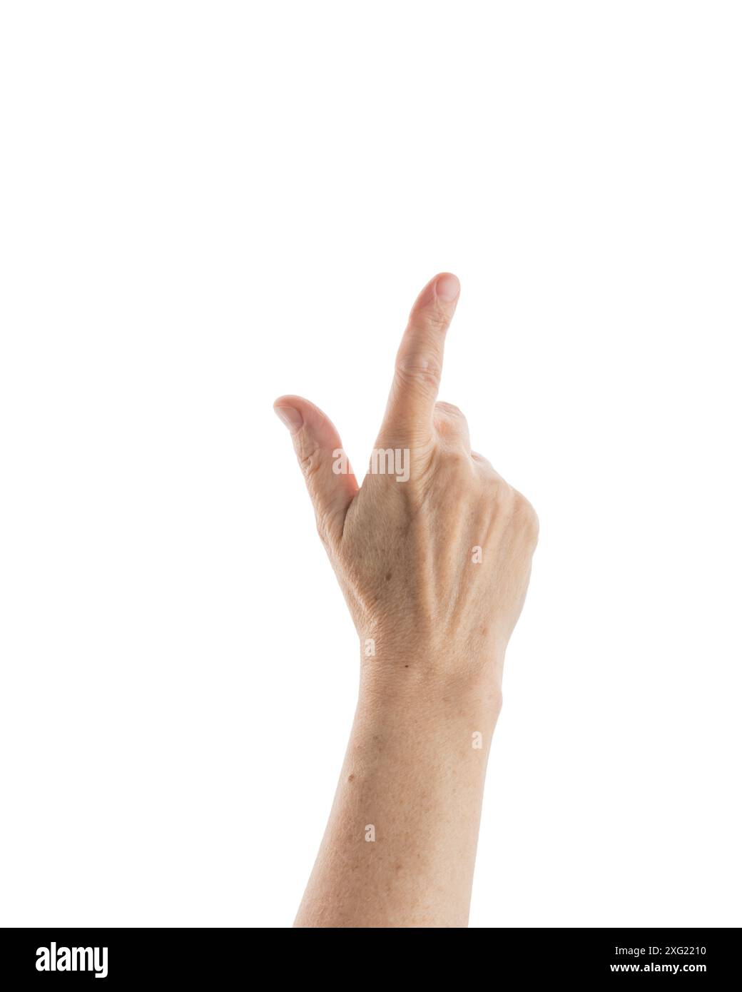 Mid aged woman hand touch screen gesture isolated on white background ...