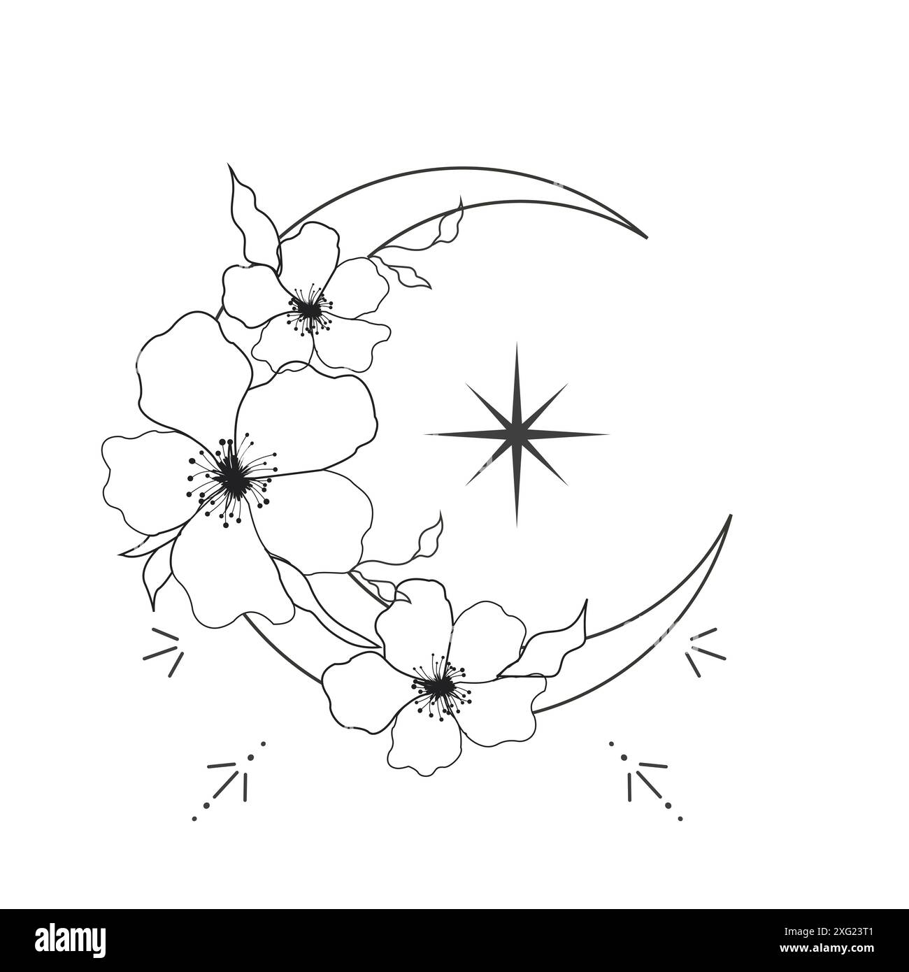 Elegant thin line moon flower contour tattoo, floral spiritual mystic ...