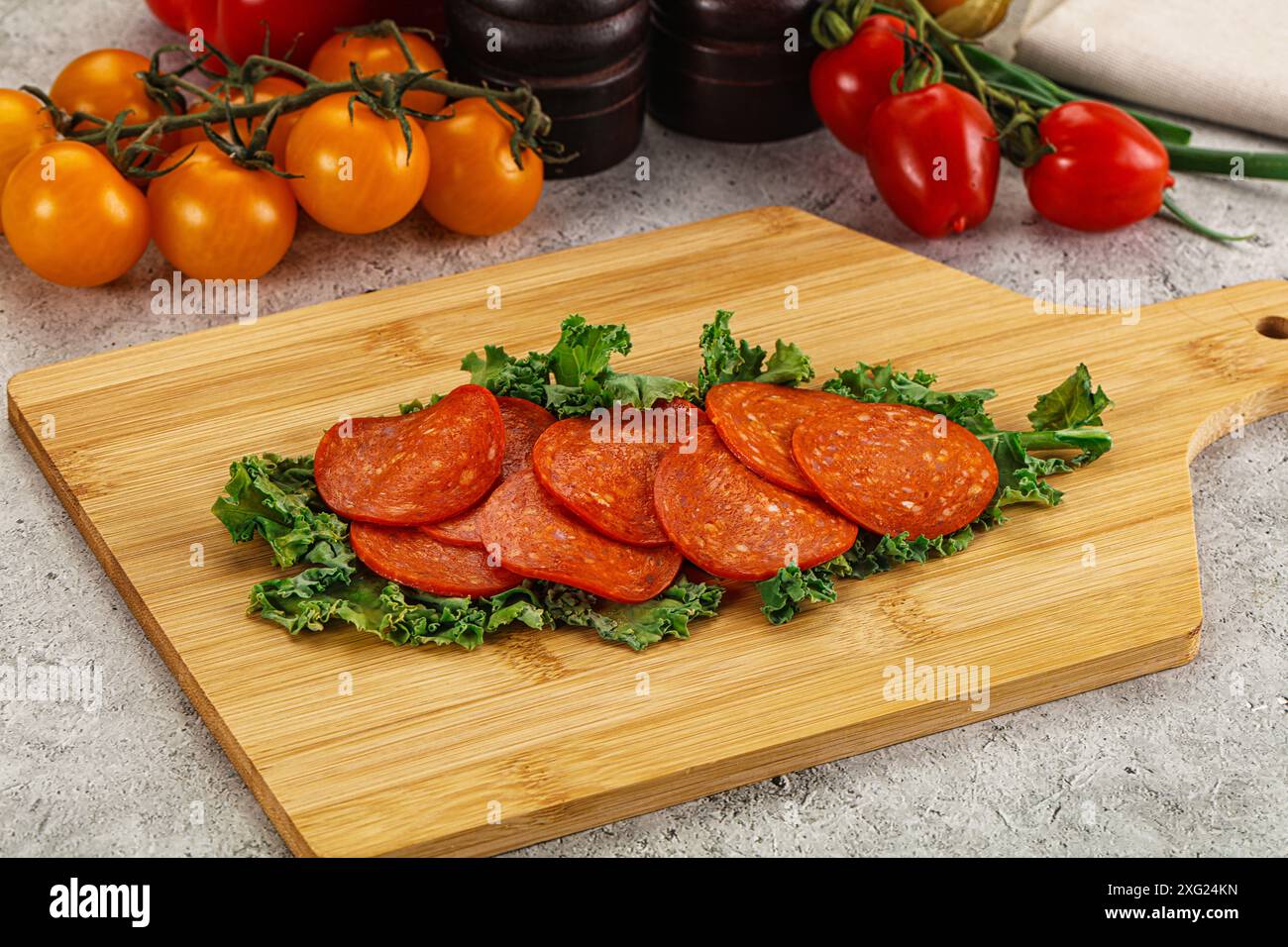 Spanish salami cured chorizo sausage slices Stock Photo - Alamy