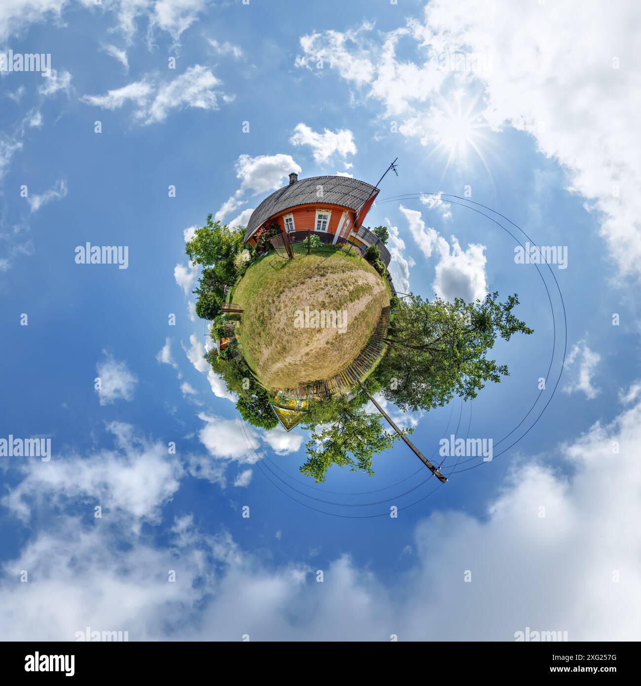 simple tiny planet with wooden home or homestead building in blue sky ...