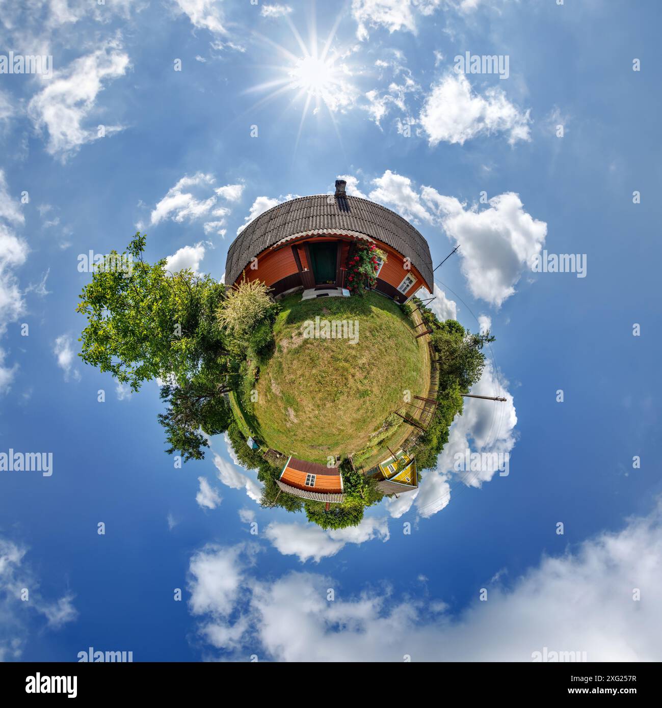 simple tiny planet with wooden home or homestead building in blue sky ...