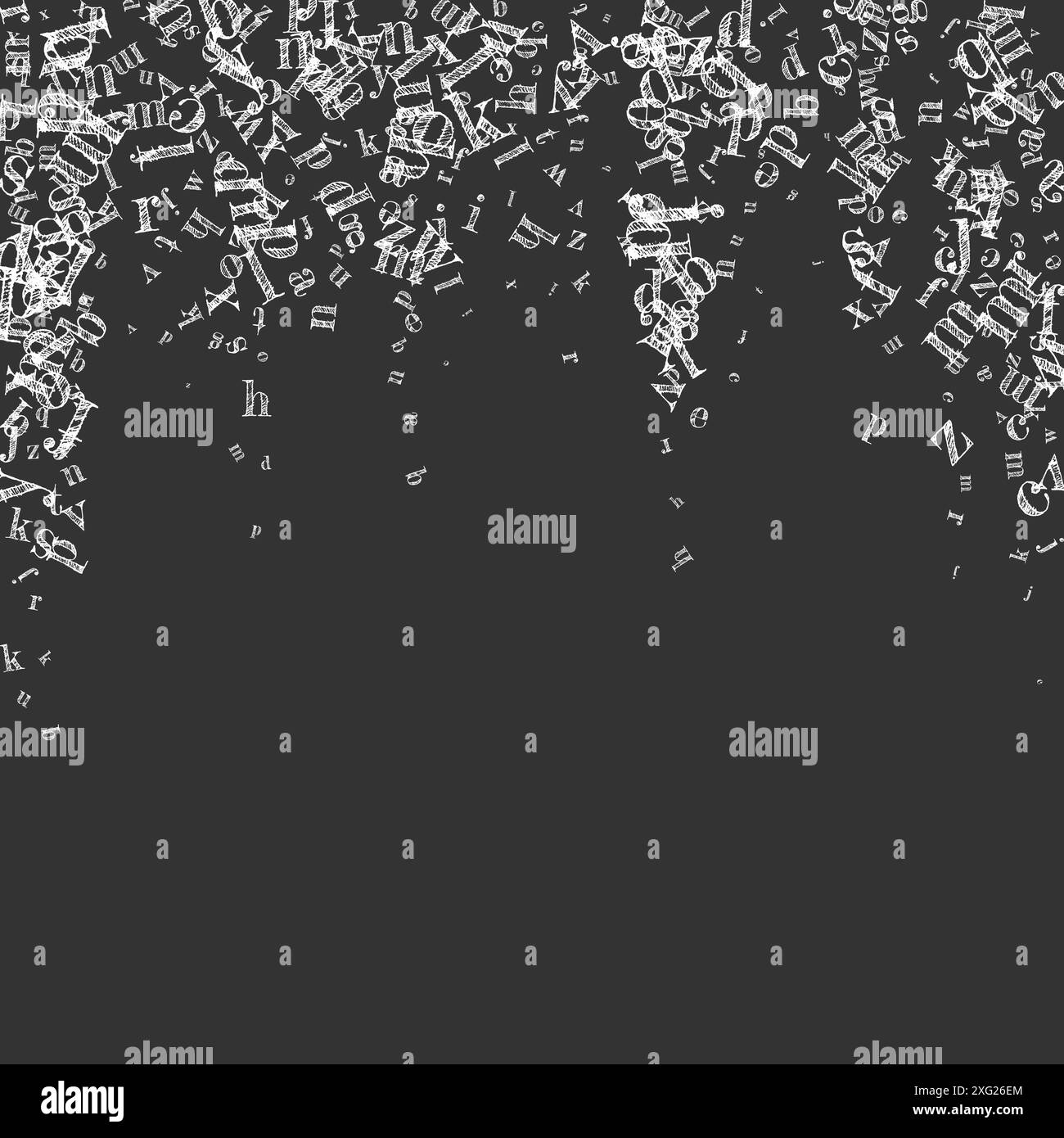 Scattered letters of latin alphabet. White chalk floating characters of ...
