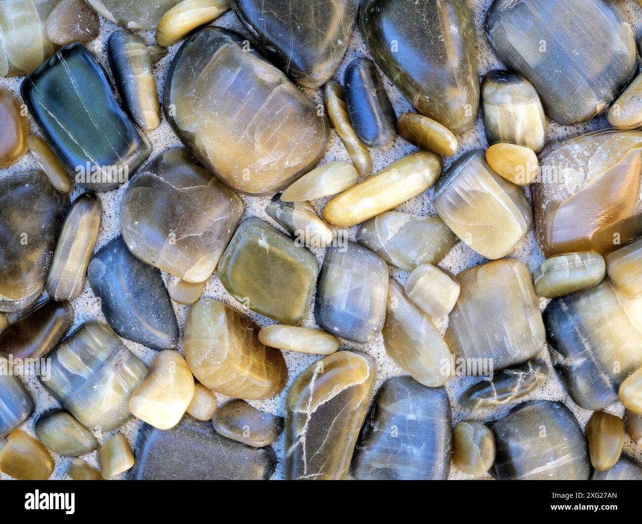 Polished Baltic Sea jade laid in beach sand, suitable as texture. These ...