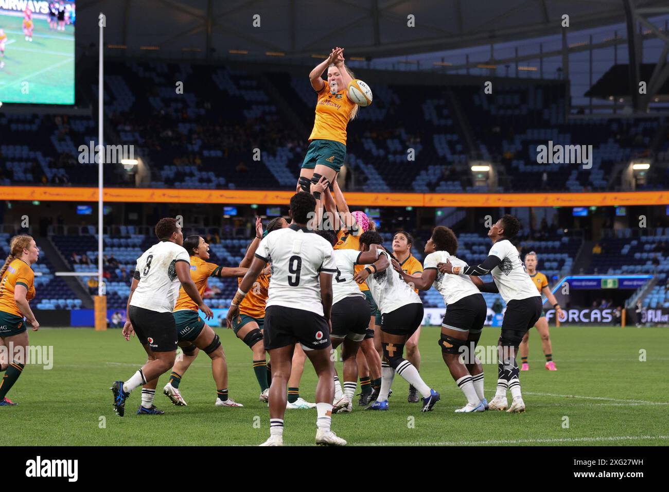 Sydney, Australia. 06th July, 2024. Kaitlan Leaney of Wallaroos drops a ...