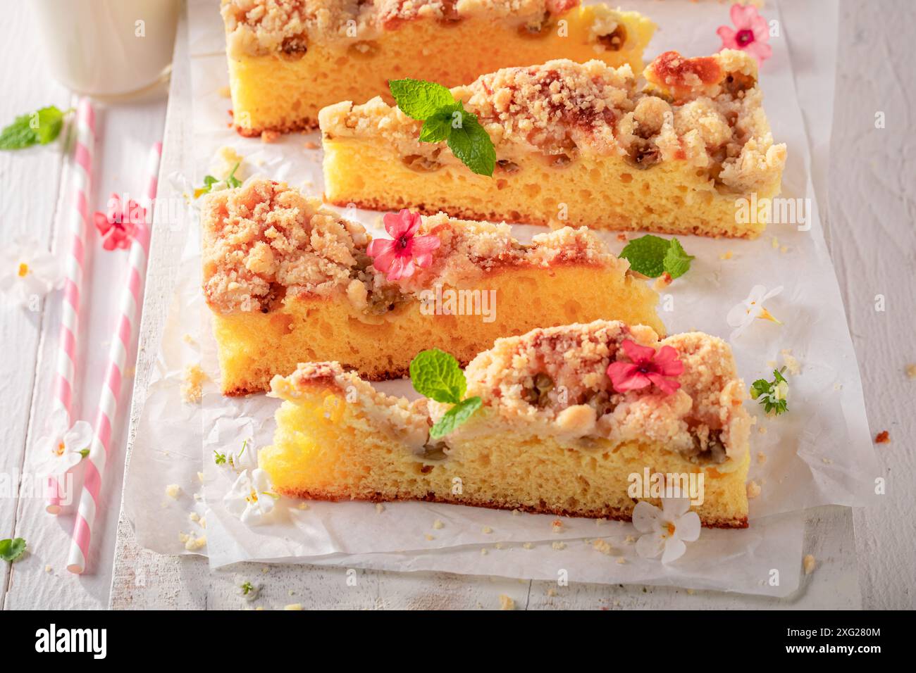 Homemade and delicious gooseberry butter cake with glaze and crumble ...