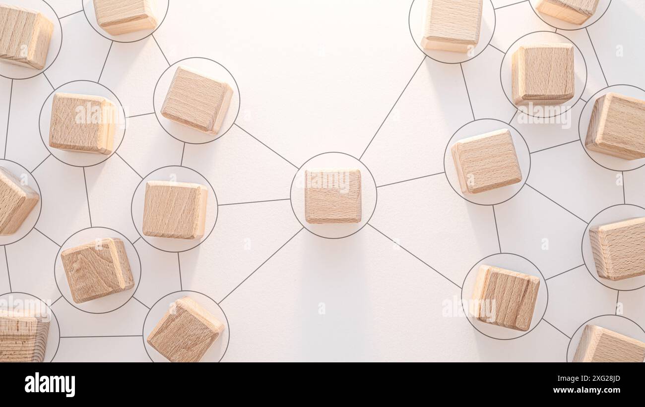 Wooden Cubes Two Groups Connected To Each Other By One Hierarchy Subordination Leadership