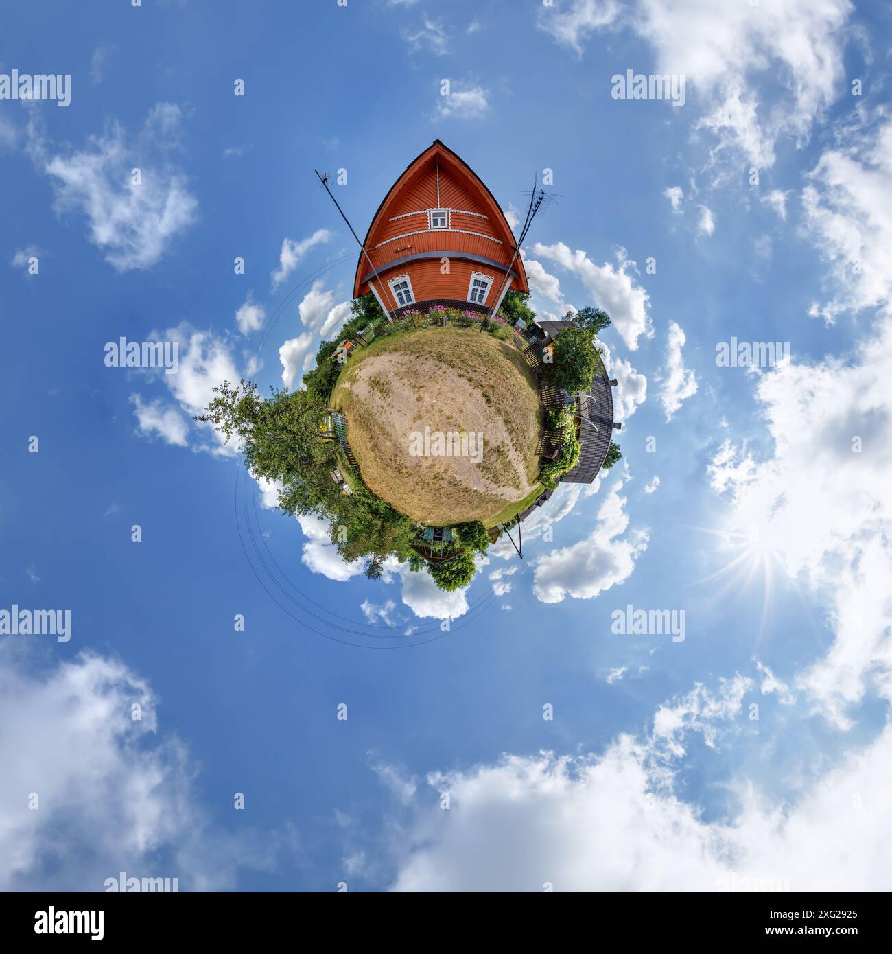 simple tiny planet with wooden home or homestead building in blue sky ...