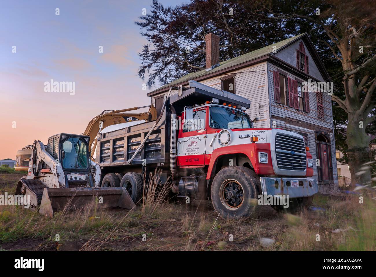 Plymouth, Massachusetts, USA - Excavation equipment lines up next to an ...