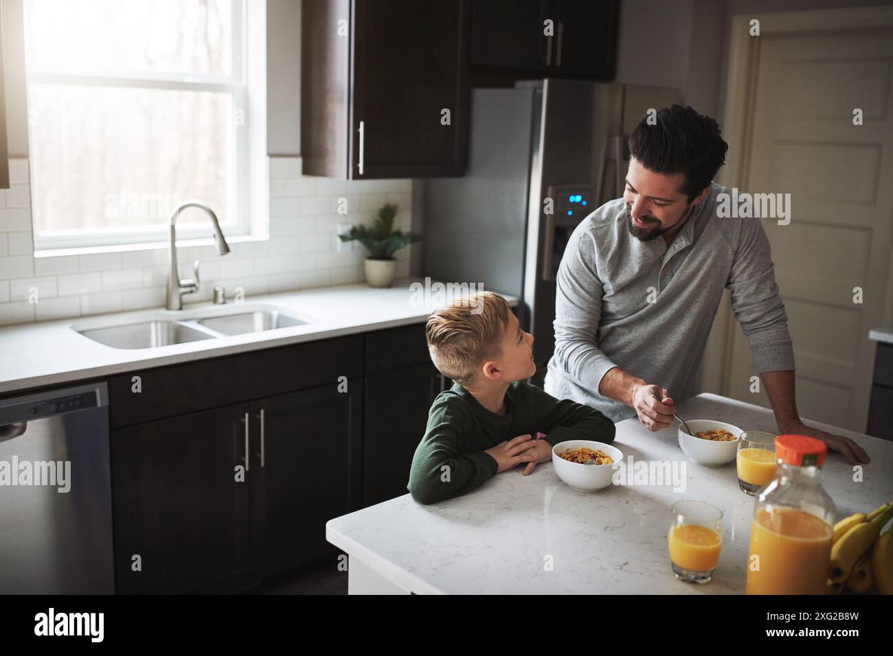 Talking, breakfast and family for wellness in kitchen for nutrition ...