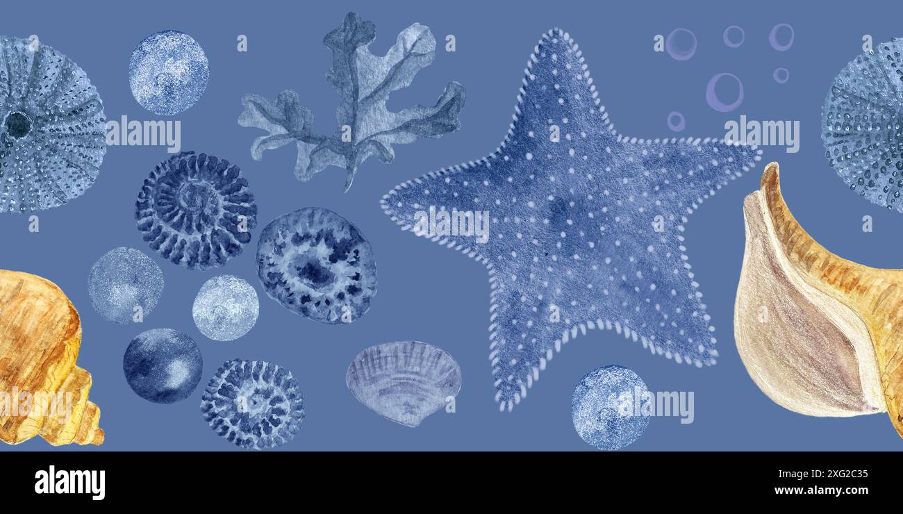 Starfish, seaweed, bubbles, pearls, shell blue monochromatic watercolor ...
