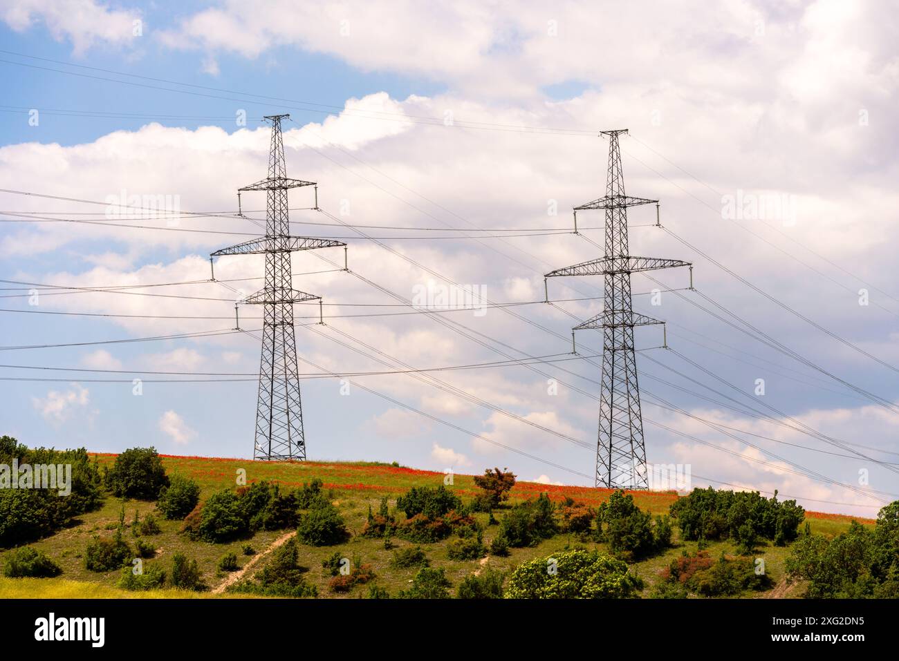 High voltage towers Electric pole. Power line support with wires for ...