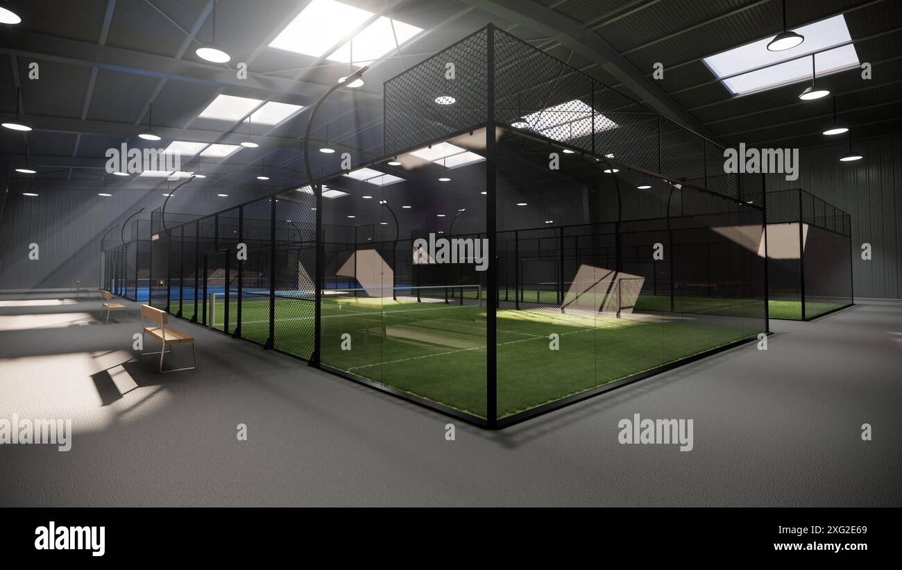 empty green and blue padel tennis courts inside a warehouse building ...