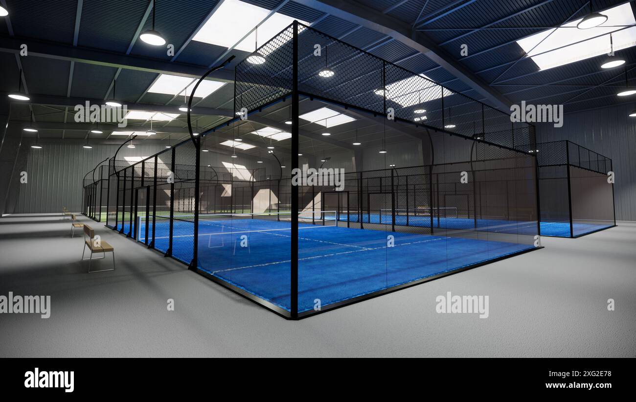 vacant blue padel tennis courts inside a warehouse building, located in ...