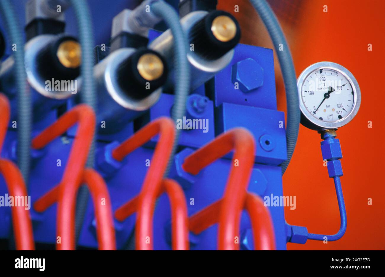 Recycling industry. Hydraulic press at waste sorting plant. Oil ...