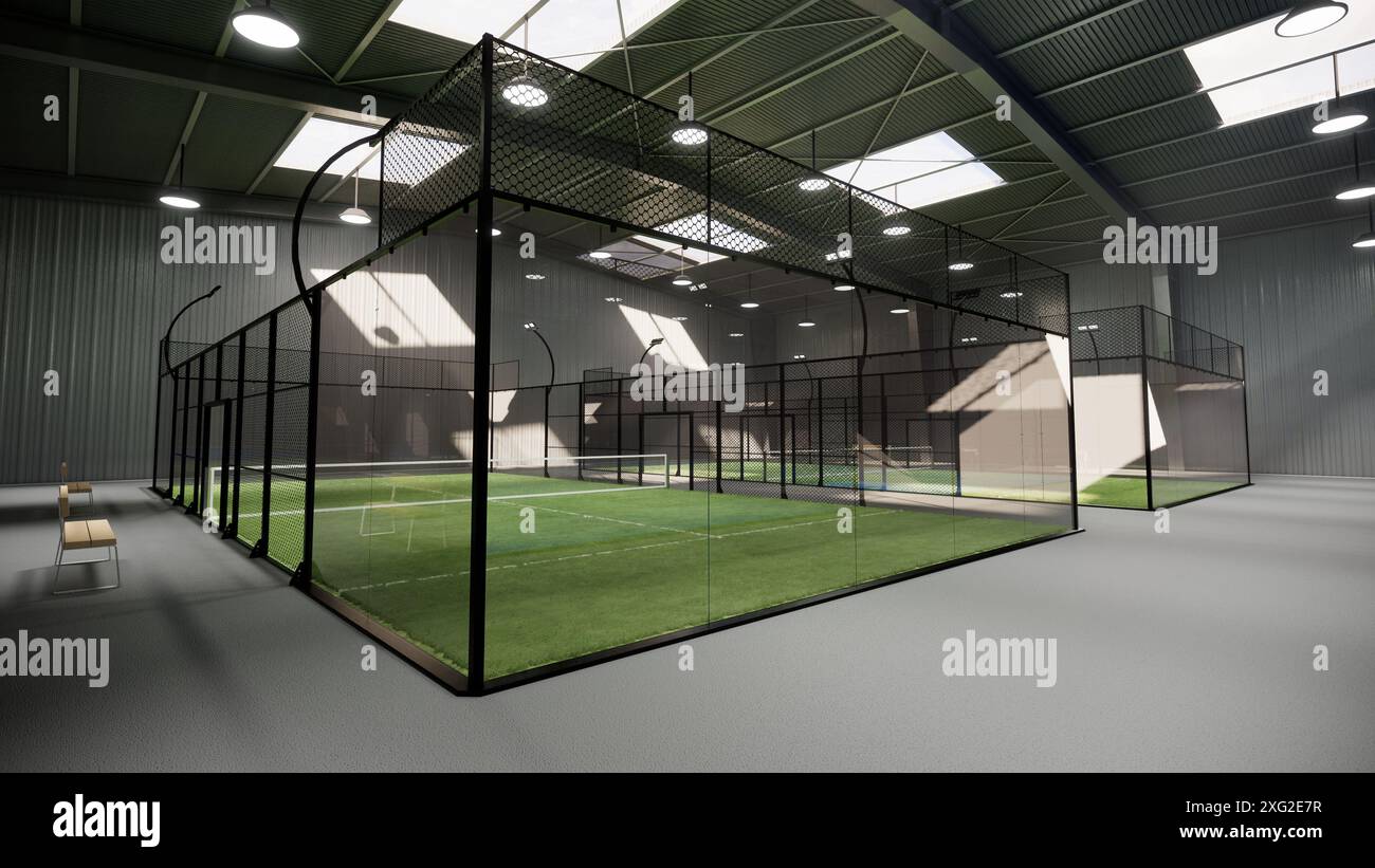 Unused green padel tennis courts inside a warehouse building. Located ...