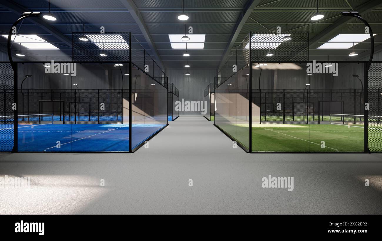 Empty green and blue padel tennis courts inside a warehouse building ...