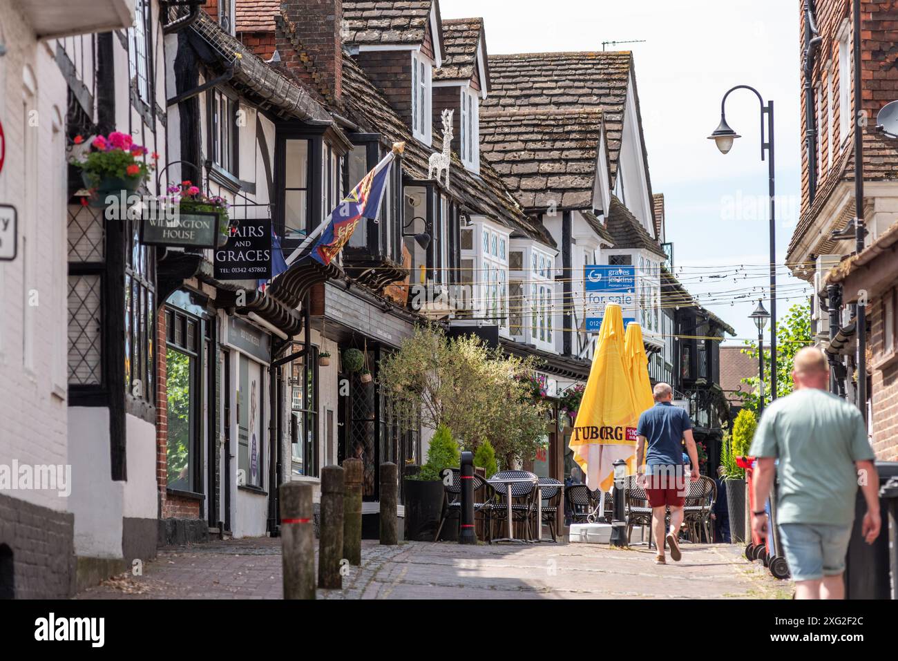 East Grinstead, June 29th 2024: Medieval buildings in the High Street ...