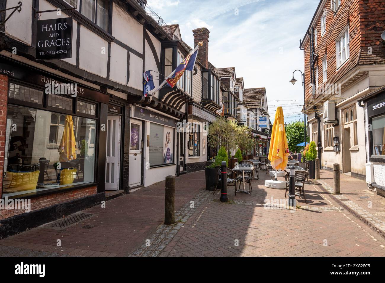 East Grinstead, June 29th 2024: Medieval buildings in the High Street ...