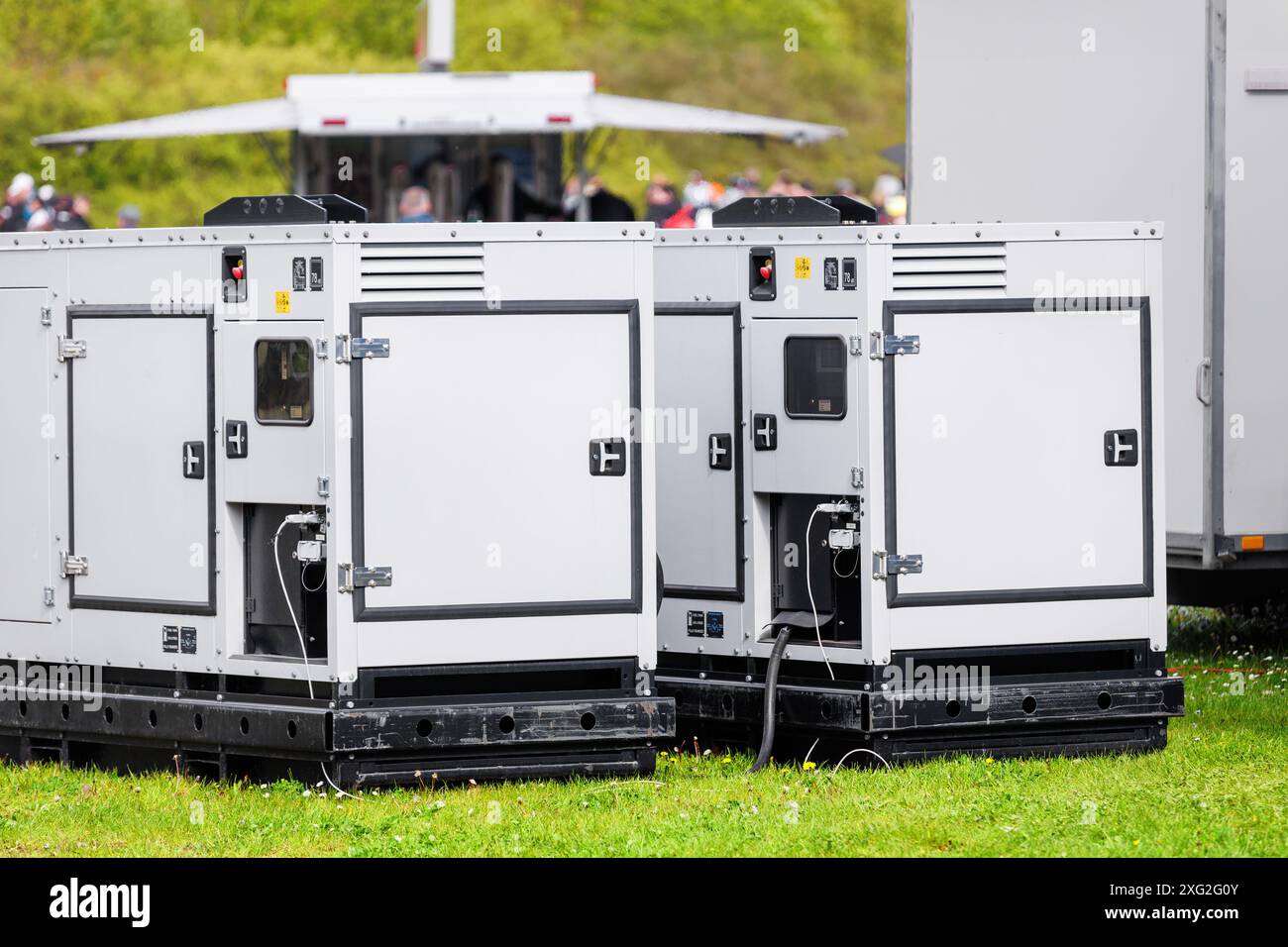 Set two large portable industrial power fuel generator green lawn at ...