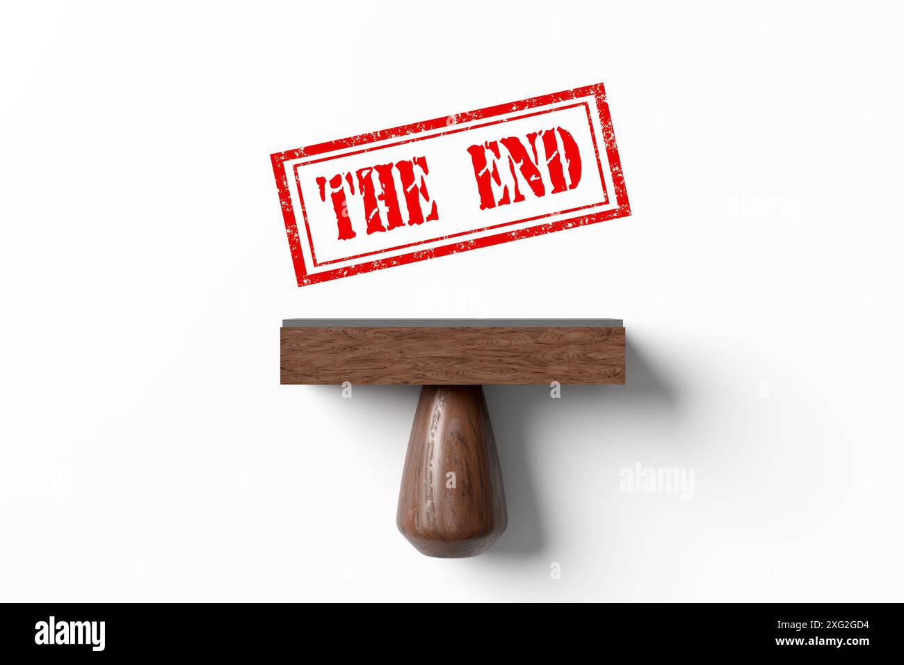 Rubber stamp leaving a red imprint with the text the end on a white ...