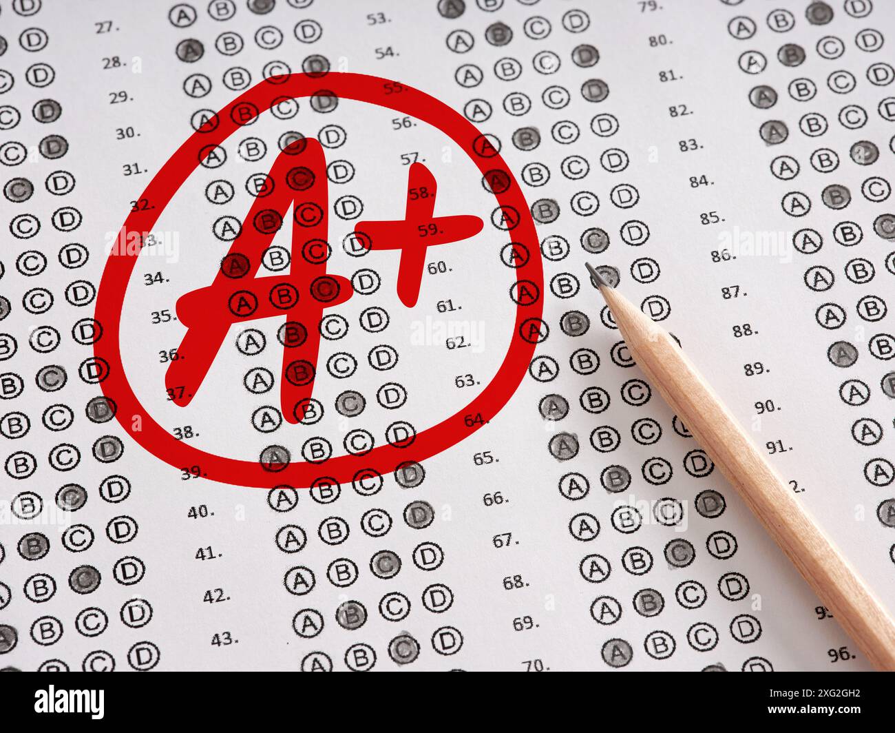 Test exam grade A plus with a red circle on a sheet of paper with ...