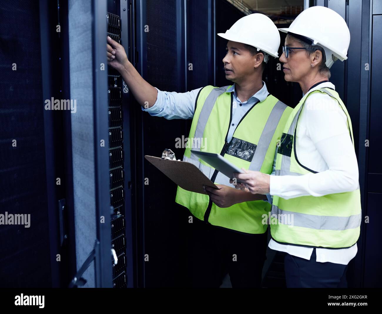 Data center, engineer and tablet for maintenance, safety and checklist ...