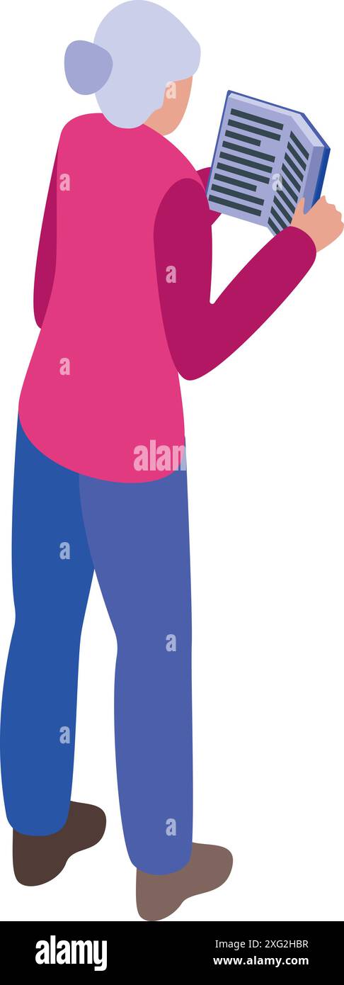 Isometric illustration of a senior woman standing and enjoying a book ...