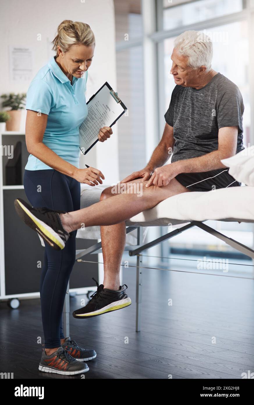 Physical therapy, senior patient and knee injury with medical consultation, exam and assessment ...