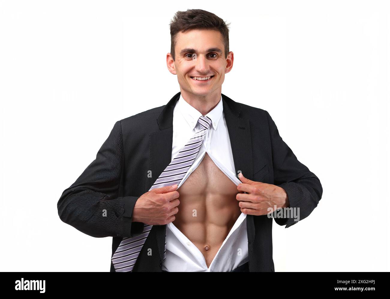 Handsome fit man with six-pack abs in trendy working suit, brag about ...
