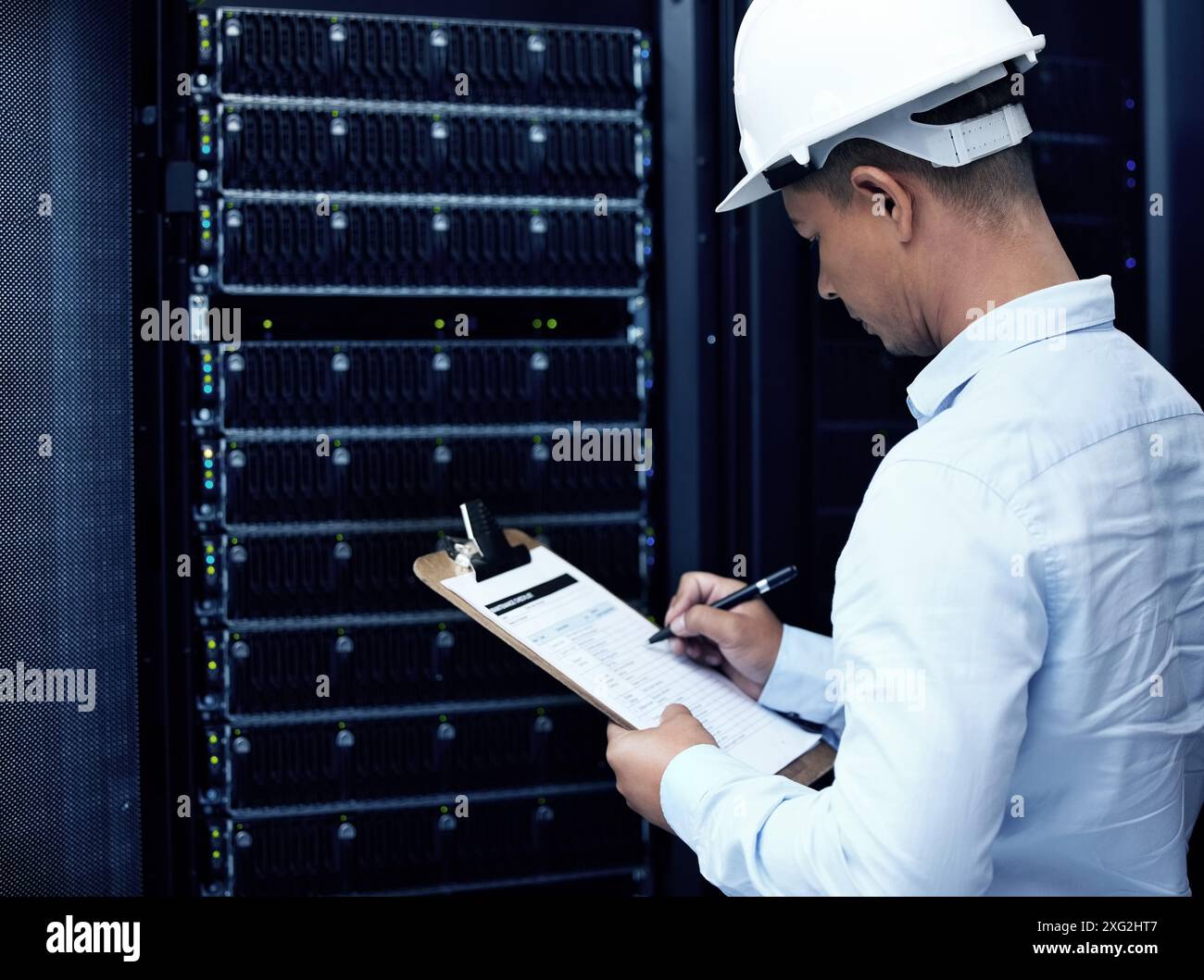 Computer center, man and data engineer with checklist, back and safety ...